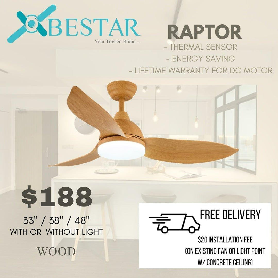 Bestar Raptor ceiling fan with light 33/38/48 inch dc motor with 3 tone ...