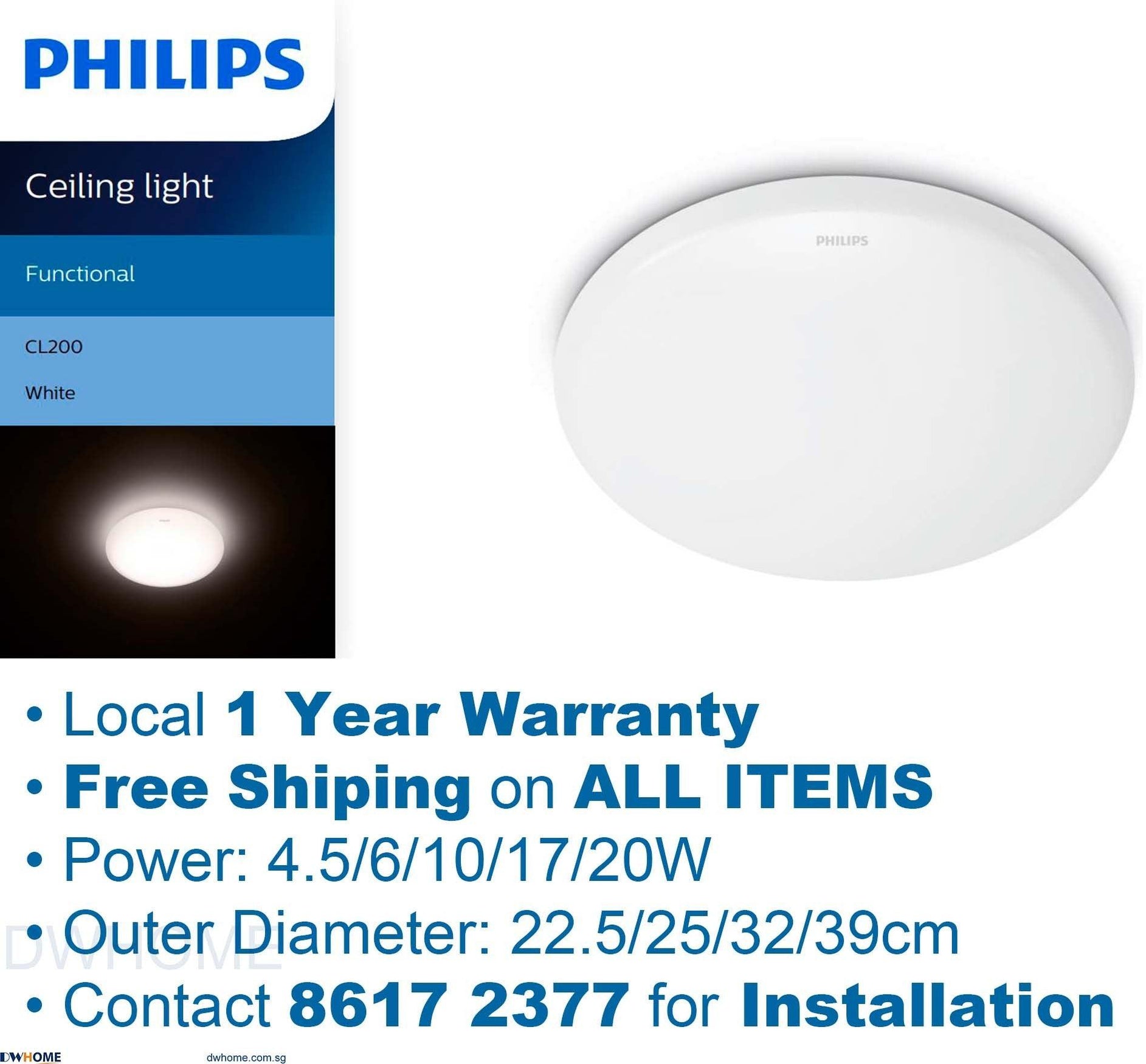 PHILIPS LED Ceiling Light CL200 Series Round, Cool White light/Cool ...